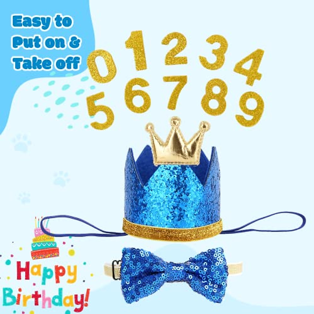 Dog Birthday Costume Set, Boy Dog Birthday Crown Hat Plaid Bandana with Bowtie and Numbers 0-9, Dog Triangle Birthday Scarf Outfit Set for Small, Medium, Large Dogs, Blue