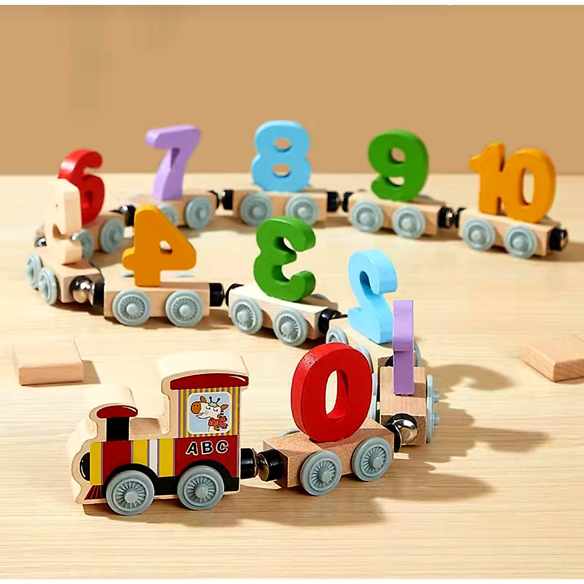 SHIMANDA 12 PCS Wooden Magnetic Train Cars Toy, Magnetic Train Toys Set Includes Locomotive & 11 Pieces Train Cars, Count and Color Educational Learning Toys for Kids Boys and Girls (Number)