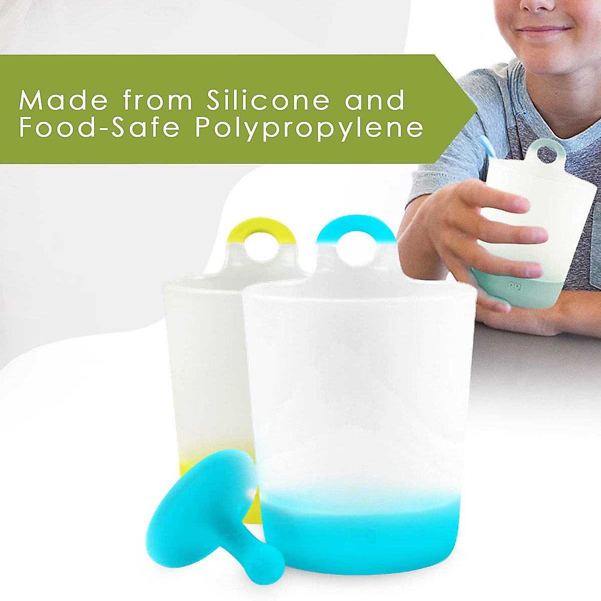 Puj–Phillup Cups, Hangable, Rinse-and-Play Reusable Plastic Cups, Fun Cups for Kids, Set of 2 Kids Cups with 2 Grippy Hooks (Azul and Citron - 2Pack)