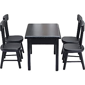 Black Chairs 5Pcs Miniature Table and Chairs, Mini Dining Table Set for 4, Doll House Black Wooden Table Chairs Miniature Furniture and Accessories Furniture