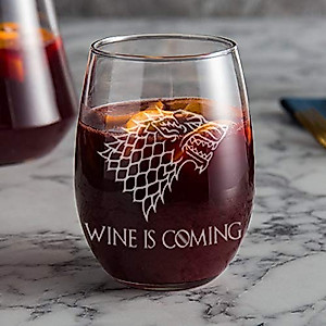 Game of Thrones Merchandise - Wine is Coming Stemless Wine Glass - 21 oz Large Permanently Etched, Dishwasher Safe Glass - Ready for Gifting! Christmas Gift for Game of Thrones fan