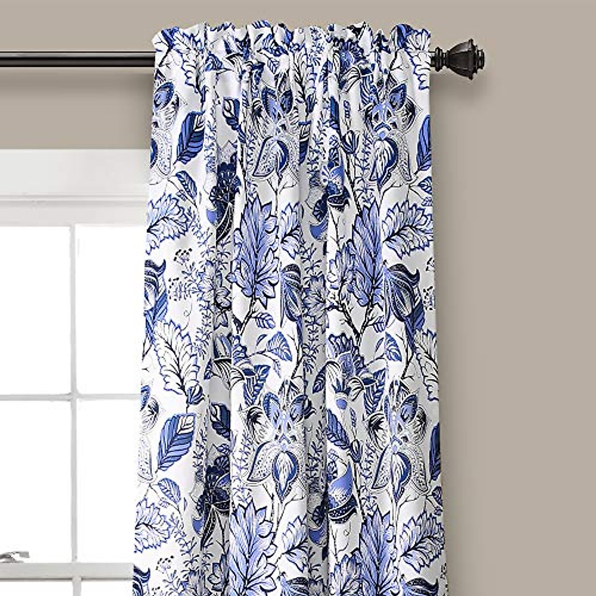 Lush Decor, Blue Cynthia Jacobean Darkening Window Curtains Set for Living, Dining Room, Bedroom, 108" L Panel Pair