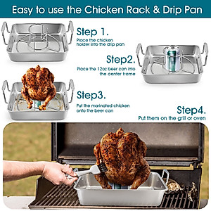 TeamFar Roasting Pan with Beer Can Chicken Holder, Stainless Steel Drip Pan with Vertical Rack Stand for Grill Oven Smoker, Healthy & Heavy Duty, Easy Clean & Dishwasher Safe, (1 Pan + 1 Rack)