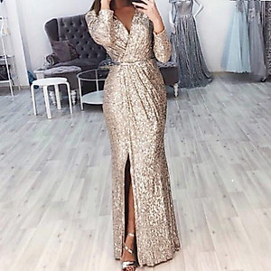 Womens Cocktail Dresses For Wedding Guest Women's Sexy Sequin Long Sleeve V Neck Long Nightclub Style Slim Sling Dress With Formal One Shoulder Dresses (Gold, XL) Cocktail Dresses For Wedding Guest