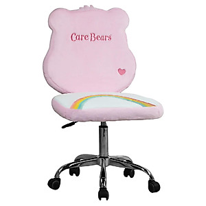 Impressions Vanity Care Bears Cheer Bear Swivel Vanity Chair for Bedroom, Armless Makeup Desk Chair with Wheels, Adjustable Height, Soft Teddy Fur Fabric and Comfy Foam Padded Seat