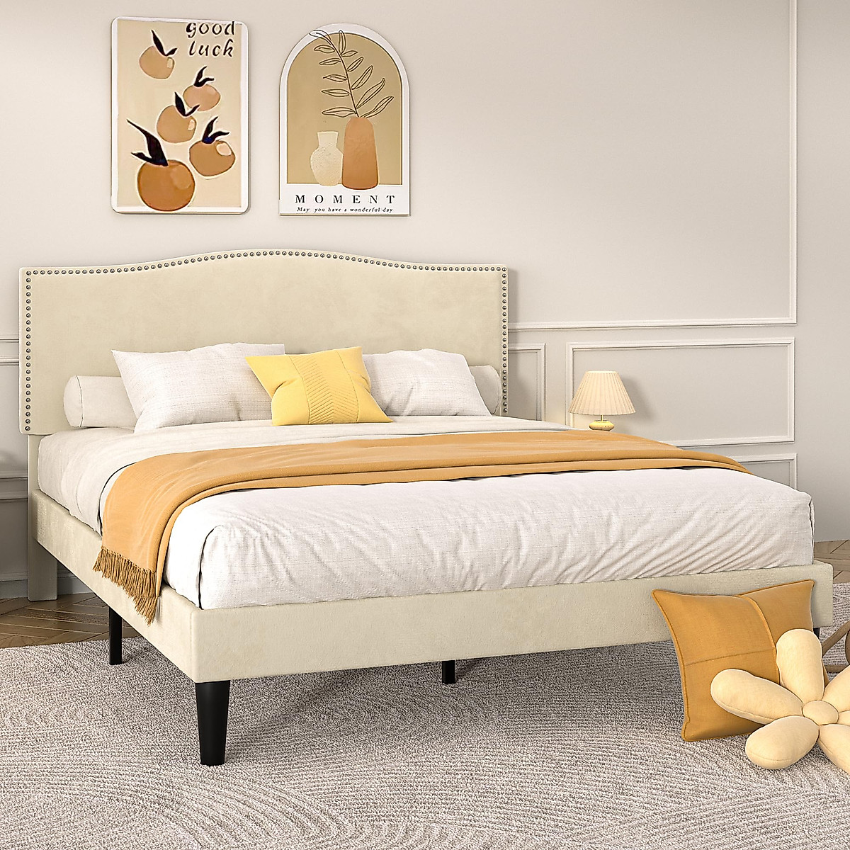 VECELO Queen Bed Frame Platform Bed Frame with Upholstered Headboard, Strong Frame and Heavy-Duty Slats Support, Non-Slip and Noise-Free, Easy Assembly,Beige