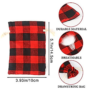 SULOLI 24PCS Christmas Buffalo Plaid Drawstring Bags, Xmas Plaid Burlap Bags Drawstring Bags Washable Cotton Xmas Bag for Christmas Candy Goodie Holiday Favors