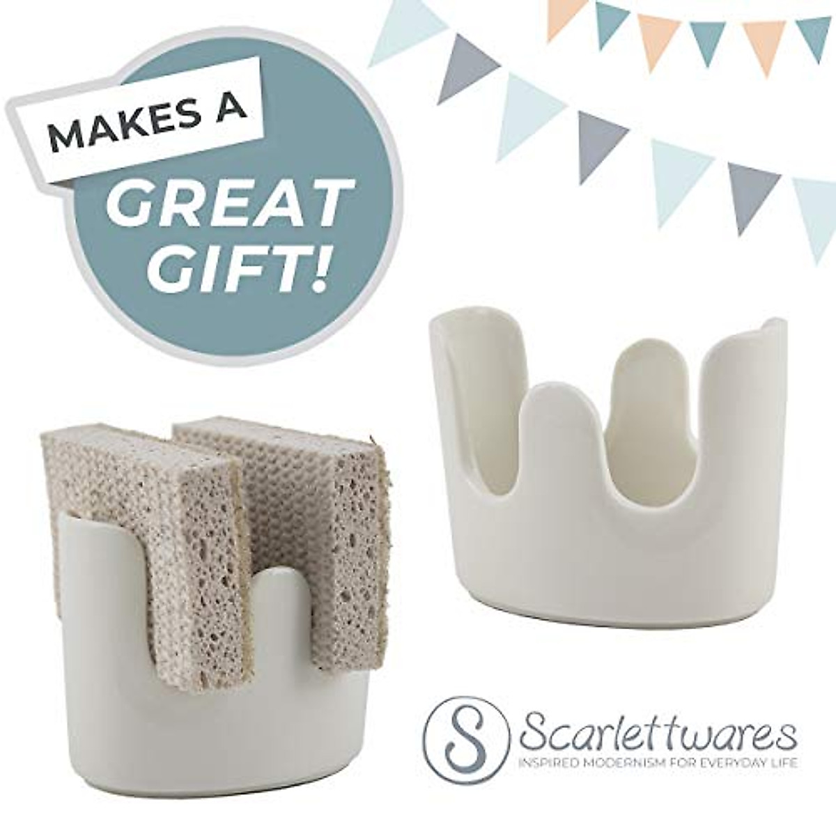 Scarlettwares Dual Two Double Sponge Holder Kitchen Sink Organizer Ceramic White Dishwasher Safe Modern Rustic Farmhouse Elegant Compact Design