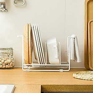LINFIDITE Plate Holder Organizer Cutting Board Holder Pot Pan Lids Rack Dish Storage Rack Kitchen Cupboard Counter Organiser Stand for Plate Baking Tray Pot Lid Cutting Boards,Premium Steel White