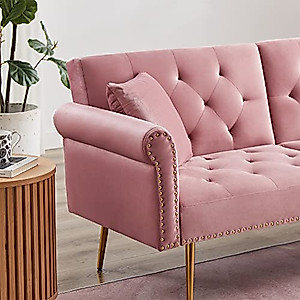 ERYE Tufted Upholstered Futon Sofa Daybed Modern Convertible Loveseat Sofa & Couch Soft Convenient Nap Sleeper Couch Bed for Home Office Apartment Furniture Sets Velvet with Pillows Nailhead Decor