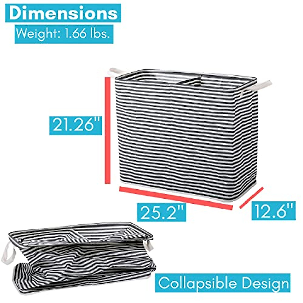 BIRDROCK HOME 112L Collapsible Double Laundry Hamper Basket - Grey & White Stripes Sorter Bin - Compact Dirty Clothes Organizer Bag - Divided Section