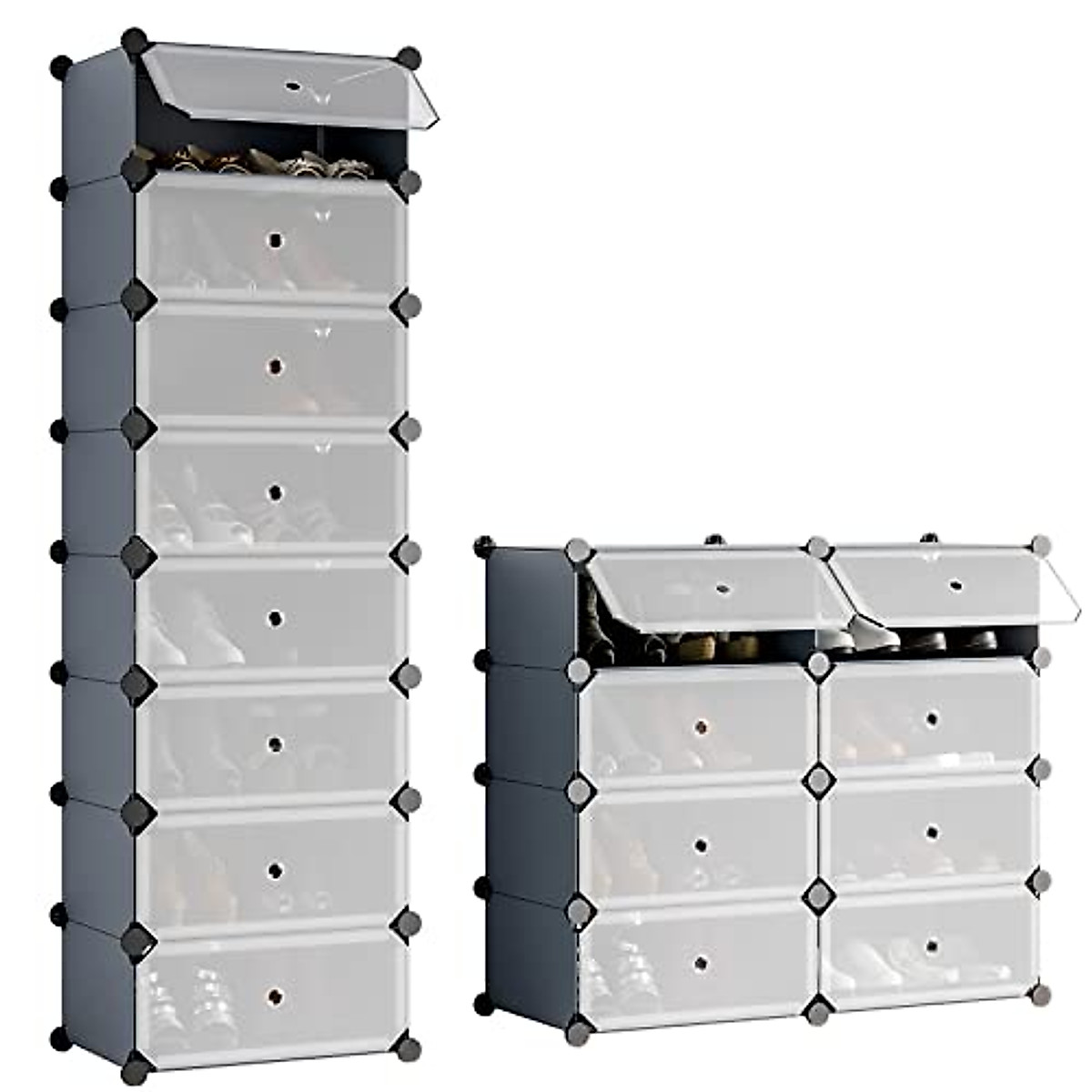 UNZIPE Shoe Rack Cabinet, 8-Tier Shoe Storage Organizer for Entryway, 16 Pairs Plastic Shoe Shelves with Door DIY Freestanding Shoes Tower with Covered for Closet Bedroom Hallway Garage, Dark Grey