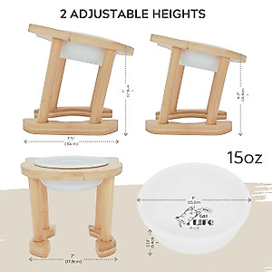 Rênasci® Elevated Ceramic Cat Food Dish Bowl, Adjustable Height, Raised Eco-Bamboo Wood Rack, Sturdy Pet Feeder, Tilted Angle