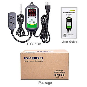 Inkbird ITC-308 Digital Temperature Controller 2-Stage Outlet Thermostat Heating and Cooling Mode Carboy Homebrew Fermenter Greenhouse Terrarium 110V 10A 1100W
