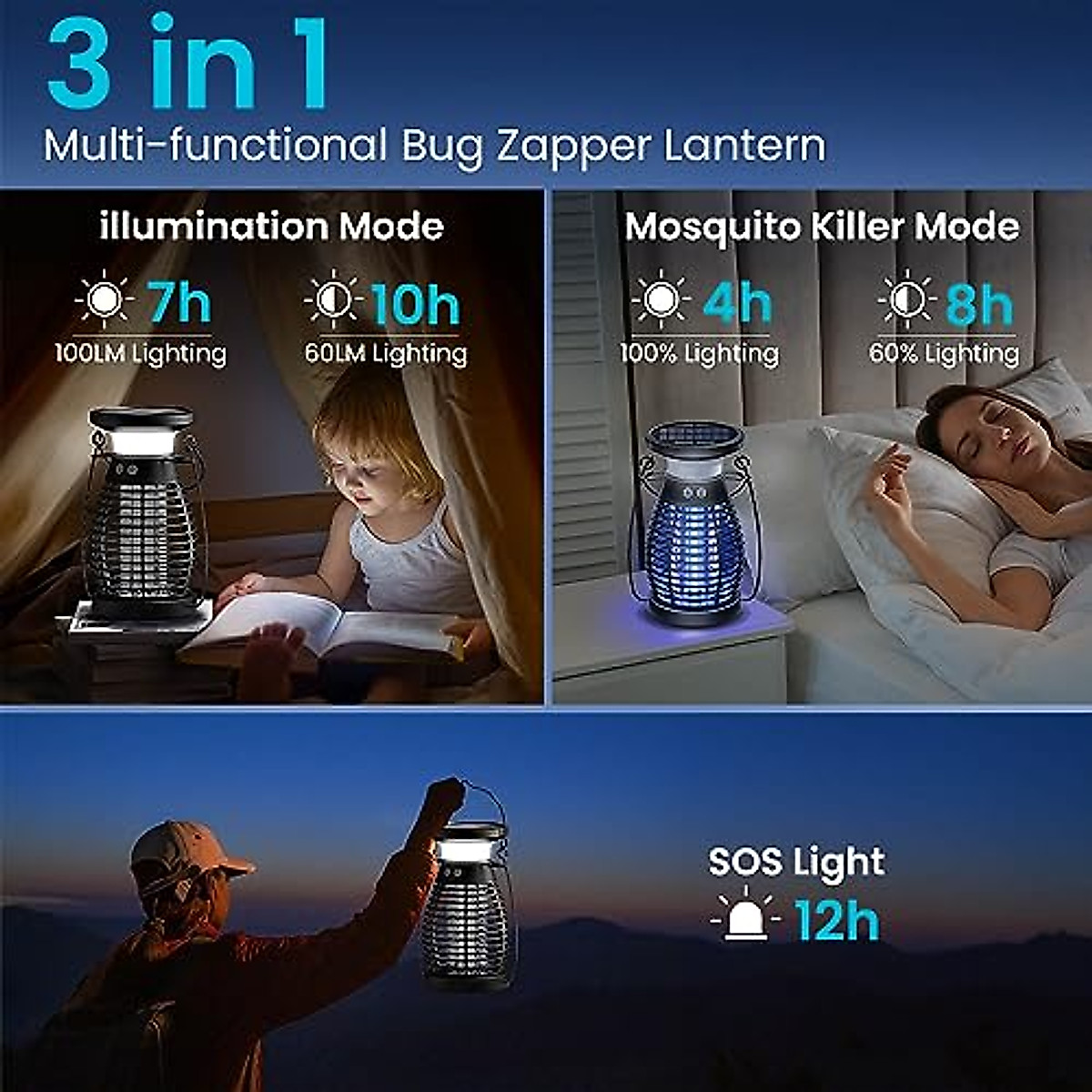 BURLAN Solar Bug Zapper Outdoor & Indoor, Cordless Mosquito Zapper Rechargeable Waterproof Fly Zapper for Camping, Home, Patio, Backyard, Kitchen