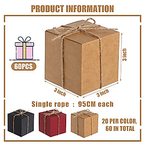 Spiareal 60 Pcs Small Gift Boxes 3 x Inches Christmas with Twine Candle Packaging Square Kraft for Xmas Gifts Wedding Birthday Bridesmaid Proposal Party Favors, Brown Red Black