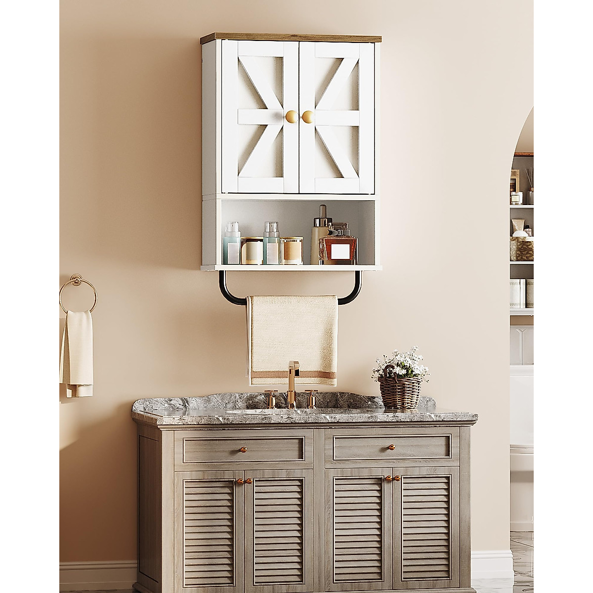 CHOEZON Bathroom Wall Cabinet, Medicine Cabinet with Open Partition and Towel Bar, Rustic Storage Cabinet with Open and Hidden Storage Space, for Bathroom, Living Room, Kitchen, White and Walnut