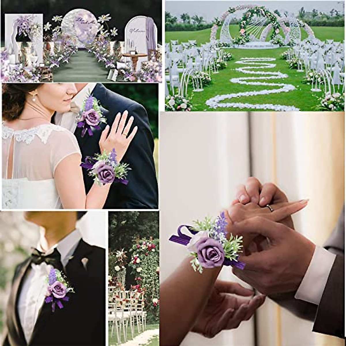 lengenyen 2Pcs Purple Wrist Corsage and Boutonniere Set, Artificial Rose Flower Corsage Wristlet and Men's Boutonniere Set for Wedding Prom Anniversary Homecoming Formal Dinner Party