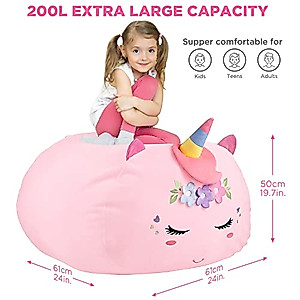 GAGAKU Stuffed Animal Bean Bag Cover Toy Storage, 24 Inches Kids Bean Bag Chair Cover ONLY Pink Unicorn Large Zipper Bean Bag for Organizing Kids Plush Toys Home Supplies (Cover Only)