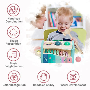 NUKied Musical Pounding Toy for Educational Play, Wooden Montessori Baby Musical Toys with Hammer and Slide Out Xylophone for Toddlers