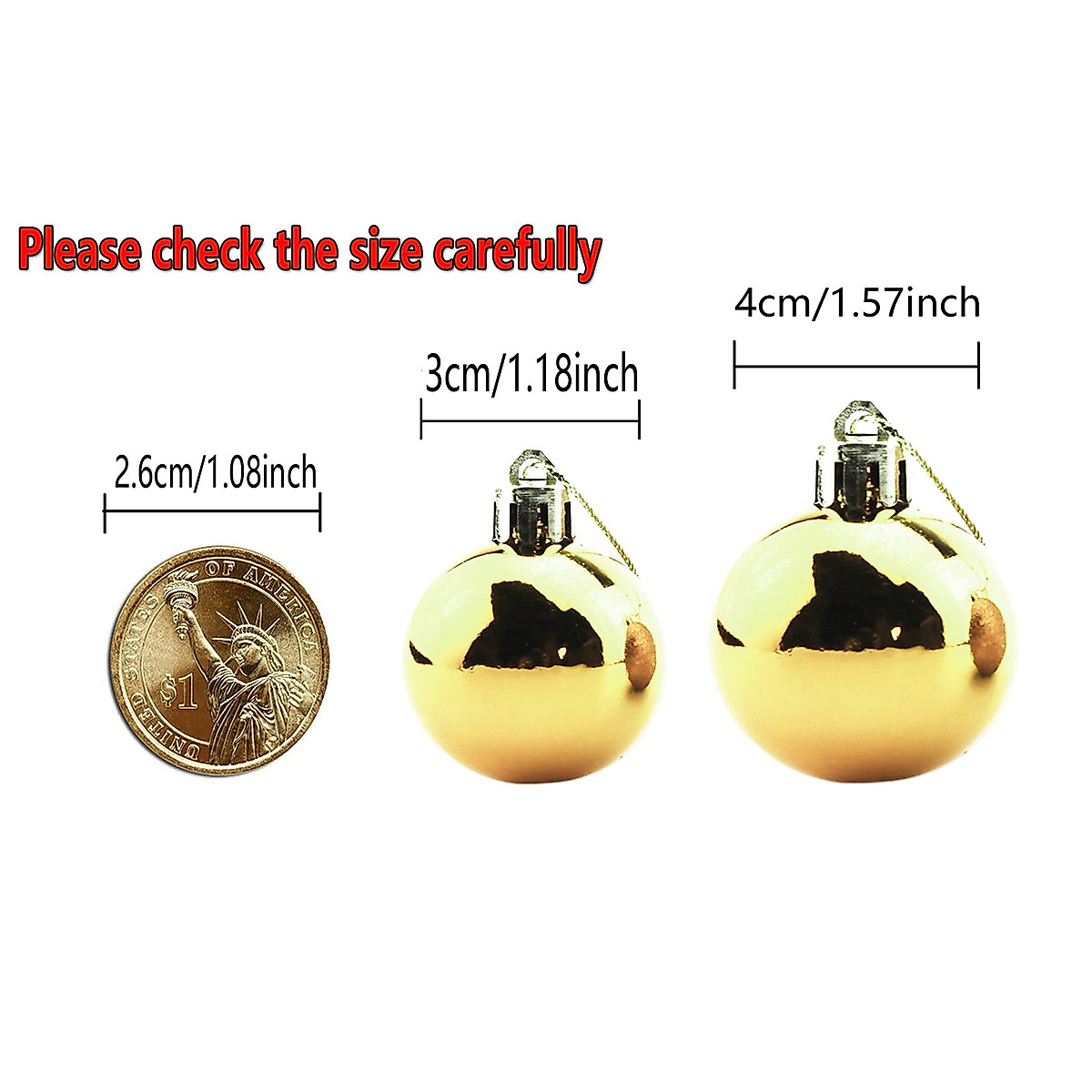 Bestjybt 24pcs 1.18" Small Christmas Ball Ornaments Shatterproof Christmas Decorations Tree Balls for Holiday Wedding Party Decoration, Tree Ornaments Hooks Included (Gold, 3cm/1.18")