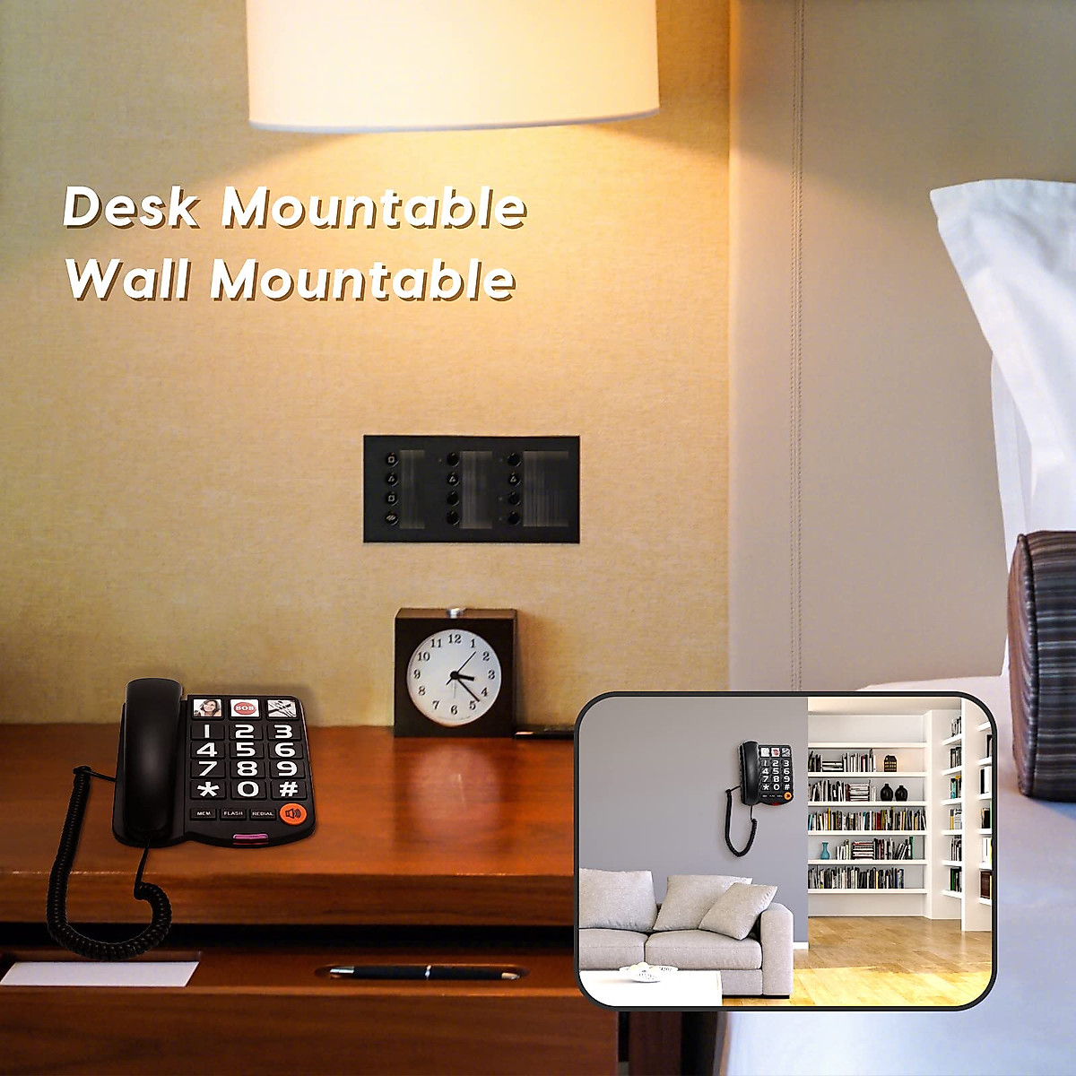 Landline Phones for Seniors, Corded Phone with Photo Memory, One-Touch Dialing, Big Buttons, Flashing Alerts, Hands-Free for Hearing Impaired(Black)