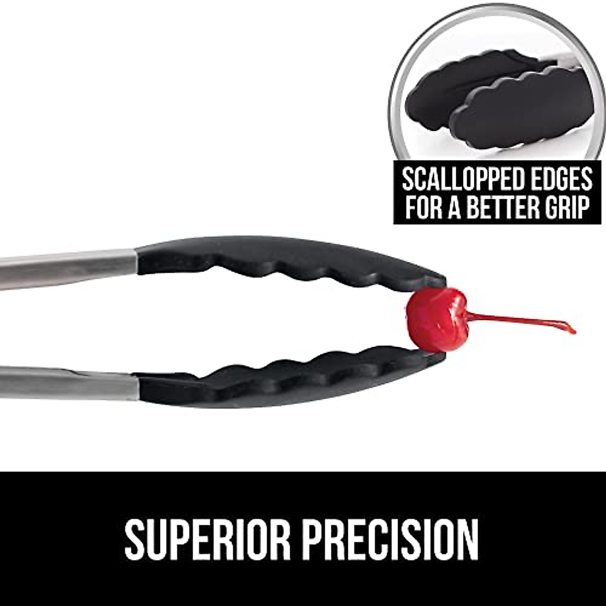 Gorilla Grip Stainless Steel Silicone Tongs for Cooking, Set of 2, Includes 9 and 12 Inch Locking Kitchen Tong, Heat Resistant Tip, Strong Grip for Meat, Perfect for Nonstick Pans, BBQ, Black