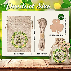 24 Sets St. Patrick's Day Party Favor Bags Green Shamrock Burlap Gift Bags St Patricks Day Candy Bags Irish Clover St Patricks Treat Bags Gift Wrap Bags for St. Patricks Day Party Favors, 7 x 5 Inch