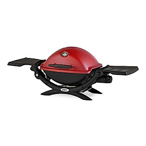 Weber Q1200 Liquid Propane Grill (Red) Bundle with Portable Cart, Adapter Hose and Grill Cover (4 Items)