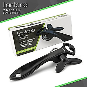 Lantana 2 in 1 Safety Manual Can Opener (Smooth Edge) & Bottle Opener - Black/Stainless Steel