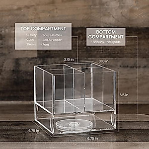 ELTOW Acrylic Swivel Silverware Caddy - Stylish Kitchen Table Organizer for Flatware, Cutlery, Arts, Cosmetic, Party with Napkin Holder - Made with Clear Lucite, Divided Storage Pantry Basket for Forks, Knives, Spoons, etc.