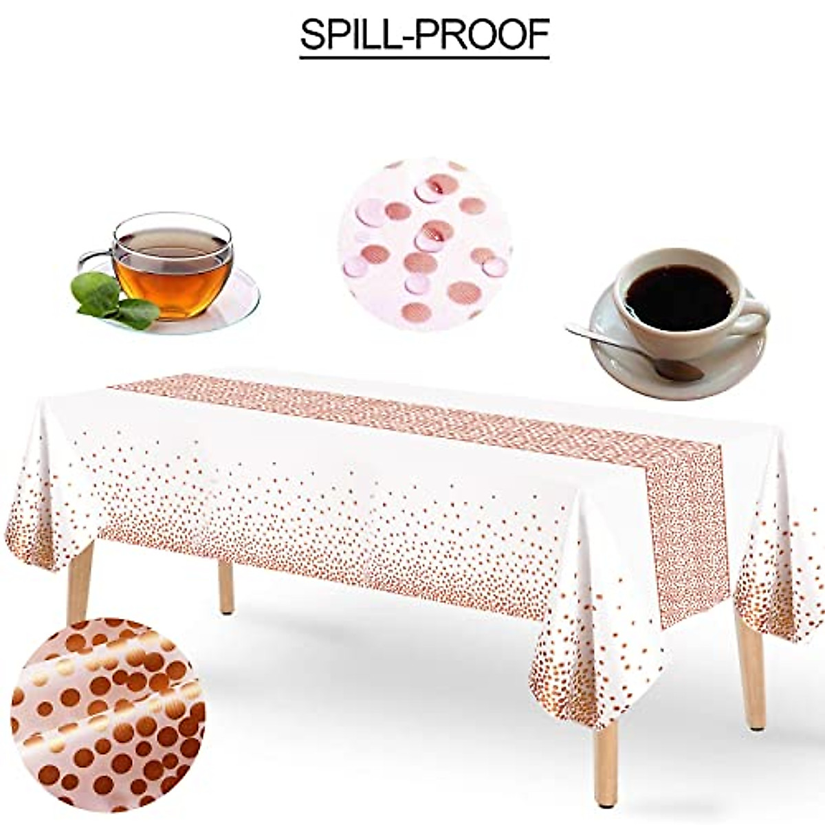 FECEDY 4 Packs 54"x108" Rose Gold Wave Point White Disposable Plastic Table Cover Waterproof Tablecloths for Rectangle Tables up to 8 ft in Length Party Decorations