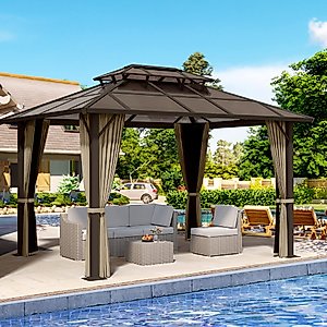 HAPPATIO Hardtop Gazebo, 10'x 12' Polycarbonate Double Roof Aluminum Furniture Gazebo, Outdoor Canopy with Netting and Curtains for Backyard, Patio, Parties, Lawns (Brown)
