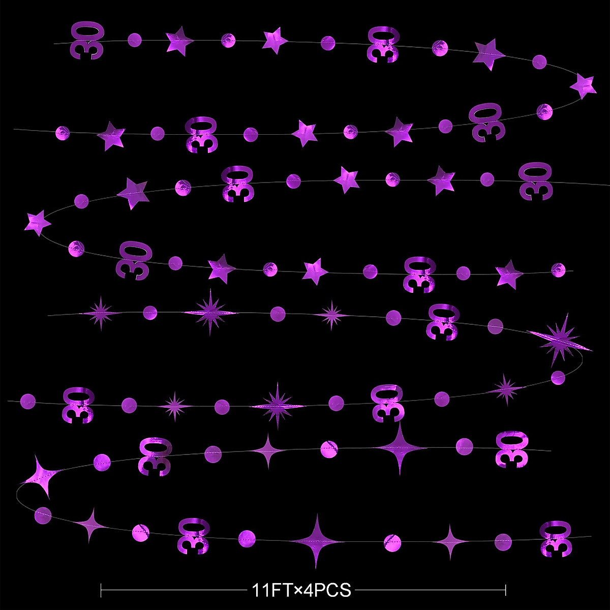 Purple 30th Birthday Decorations Number 30 Circle Dot Twinkle Star Garland Metallic Hanging Streamer Bunting Banner Backdrop for Women Mens Dirty Thirty Cheers to 30 Years Anniversary Party Supplies