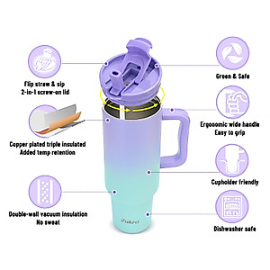 Zukro 50 oz Tumbler With Handle, 100% Leak Proof, Large Triple-wall Insulated Stainless Steel Cup with Lid and Flip Straw, No Sweat Reusable Travel Mug Fit in Cup Holder, Cold 34 Hours, Floral