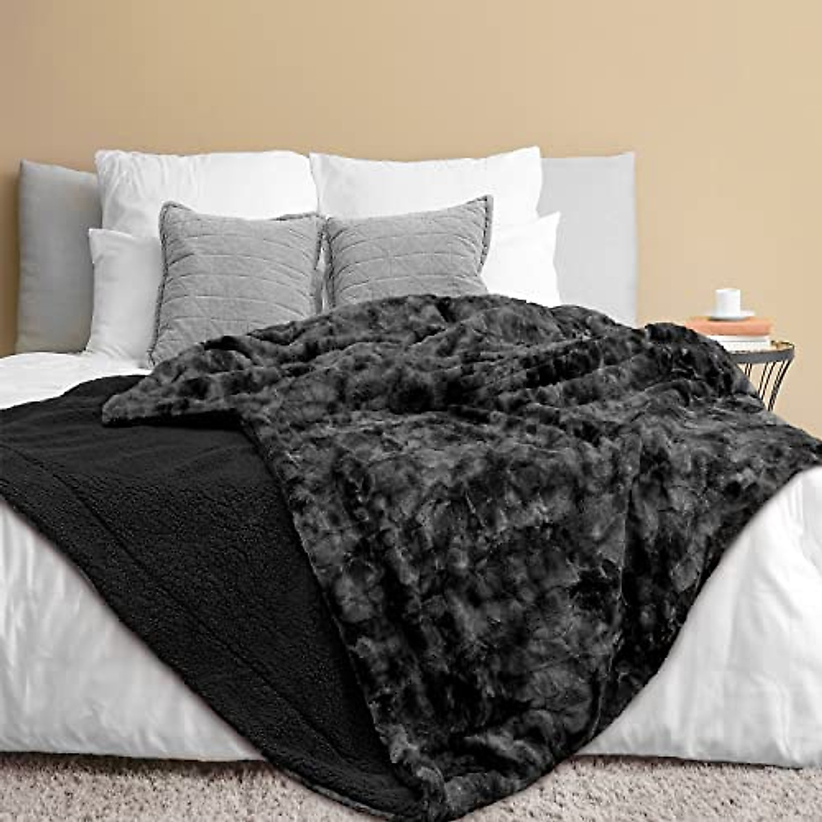 PAVILIA Soft Fuzzy Faux Fur Bed Blanket, Queen Tie-Dye Black, Fluffy Furry Warm Sherpa Blanket Fleece Throw for Bed, Sofa, Couch, Decorative Shag Plush Comfy Thick Throw Blanket, 90x90