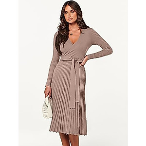 ANRABESS Long Sleeve Sweater Dress 2023 Fall Wrap Pleated V Neck Work Office A Line Tie Waist Soild Color Belted Ribbed Knit Bodycon Midi Sweater Dress 937doukou-XL