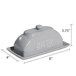 Barnyard Designs Ceramic Butter Dish with Lid for Countertop, Large Butter Holder, Butter Crock for Counter, Covered Butter Dish for Refrigerator, Farmhouse Dishes Kitchen Decor, Grey, 8" x 4"