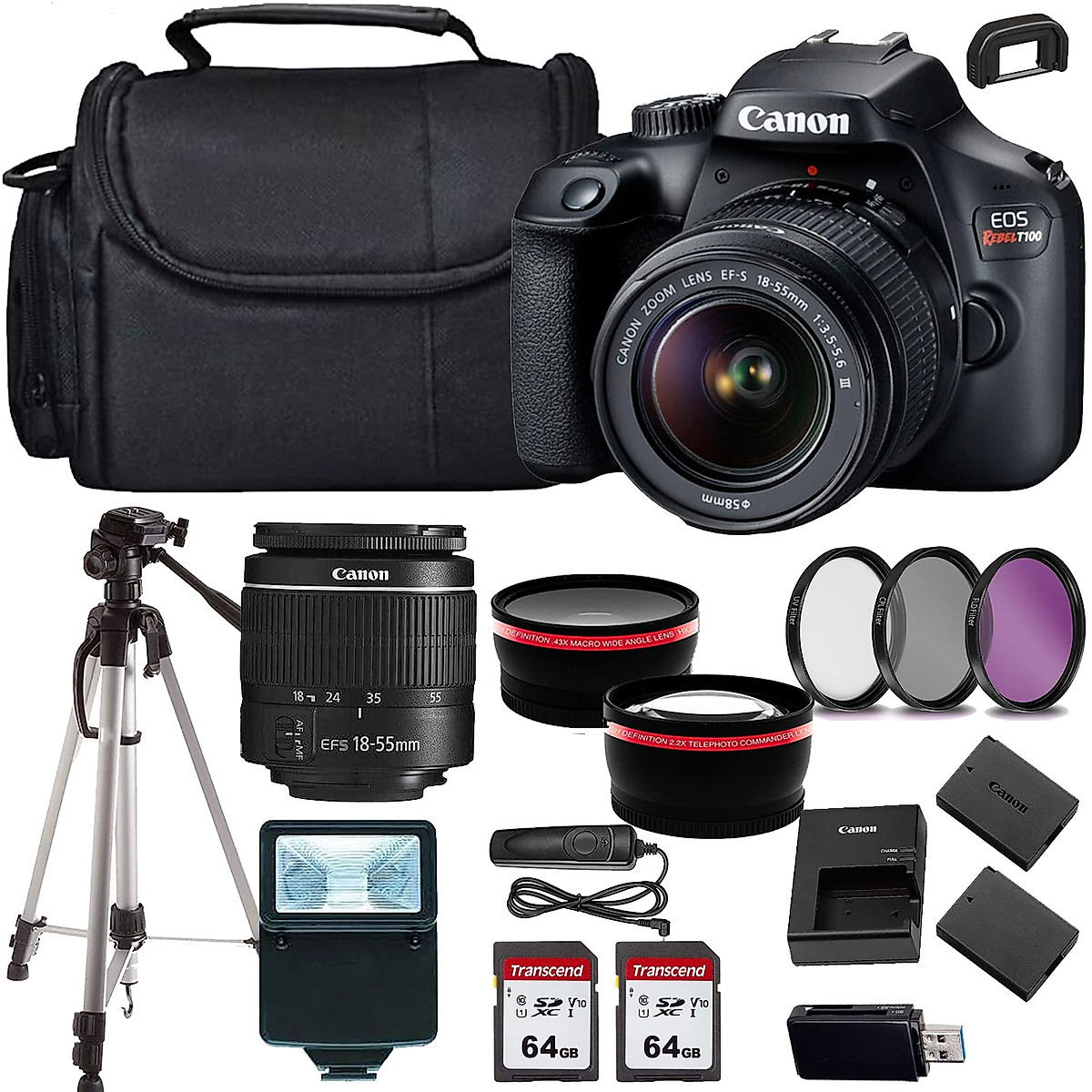 Canon EOS Rebel T100/4000D DSLR Camera w EF-S 18-55mm F/3.5-5.6 Zoom Lens+case+128Memory Cards (24PC) (Renewed)