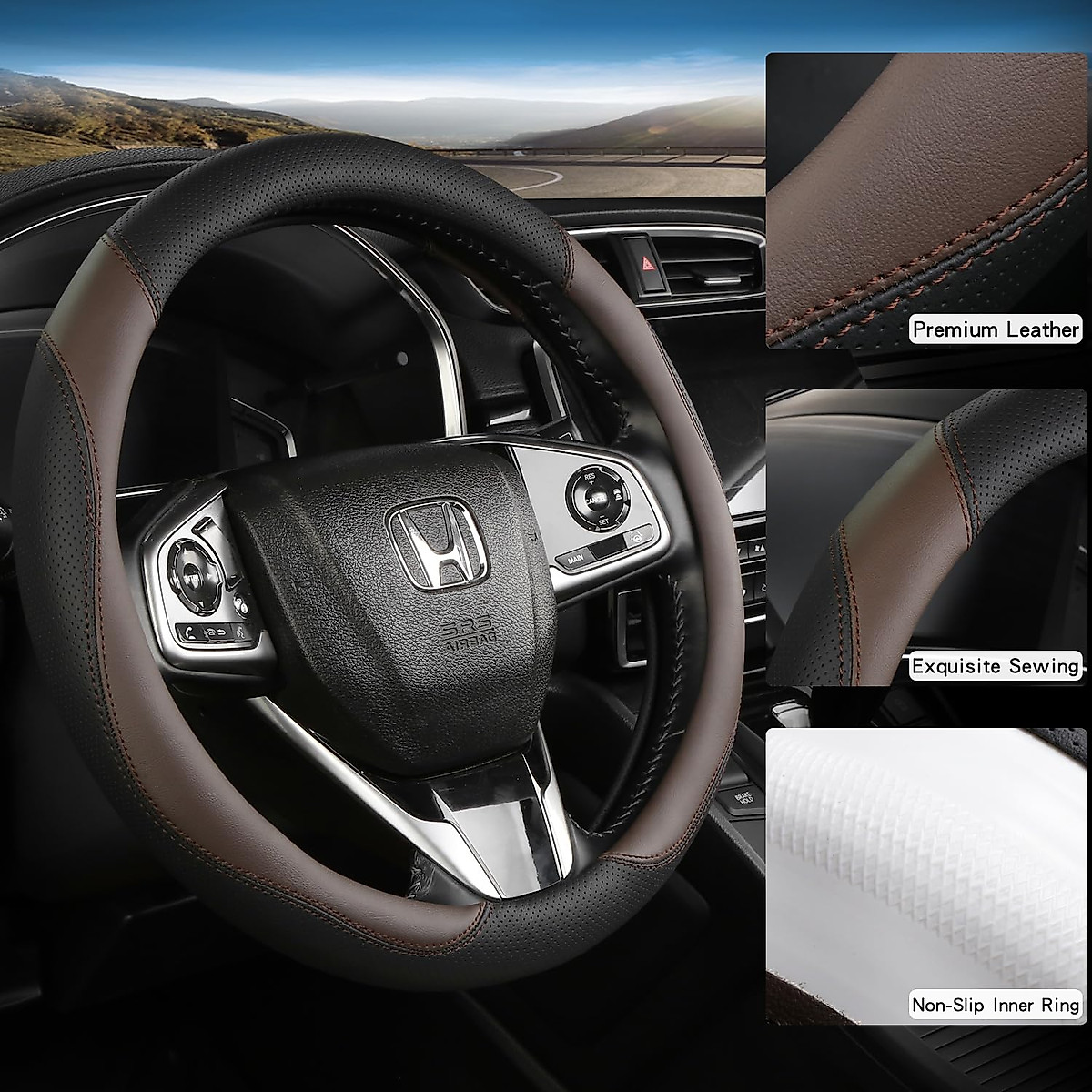 Steering Wheel Cover, Universal 15 inch, Microfiber Leather, Anti-Slip Car Steering Wheel Cover Steering Wheels Accessories for Men Women,Fit Vehicles, Sedans, SUVS, Vans, Trucks,Brown