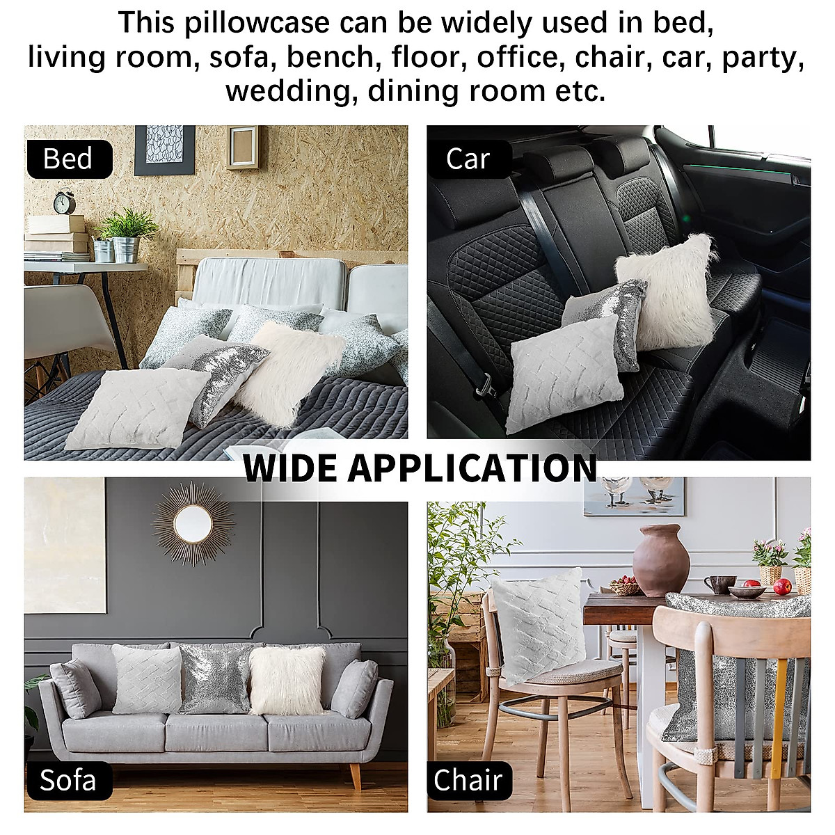 Frienda 6 Pcs Sequin Throw Pillow Covers and Fluffy Pillow Cases Plush Short Wool Velvet Decorative Throw Pillow Covers Faux Fur Throw Pillow Covers for Couch Bed 18 x 18 Inch (Grey, Silver, White)