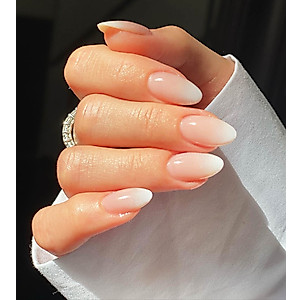 24 Pcs Press on Nails Medium, Sunjasmine Almond Fake Nails with Glue, Pink White Gradient False Nails with Designs, Acrylic for Women