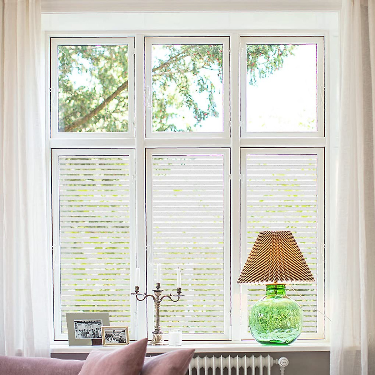 Donox Window Privacy Film UV Protection Static Window Film Non-Adhesive Window Film Beautiful and Simple for Home Office Striped Patterns 35.4 x 78.7 Inch