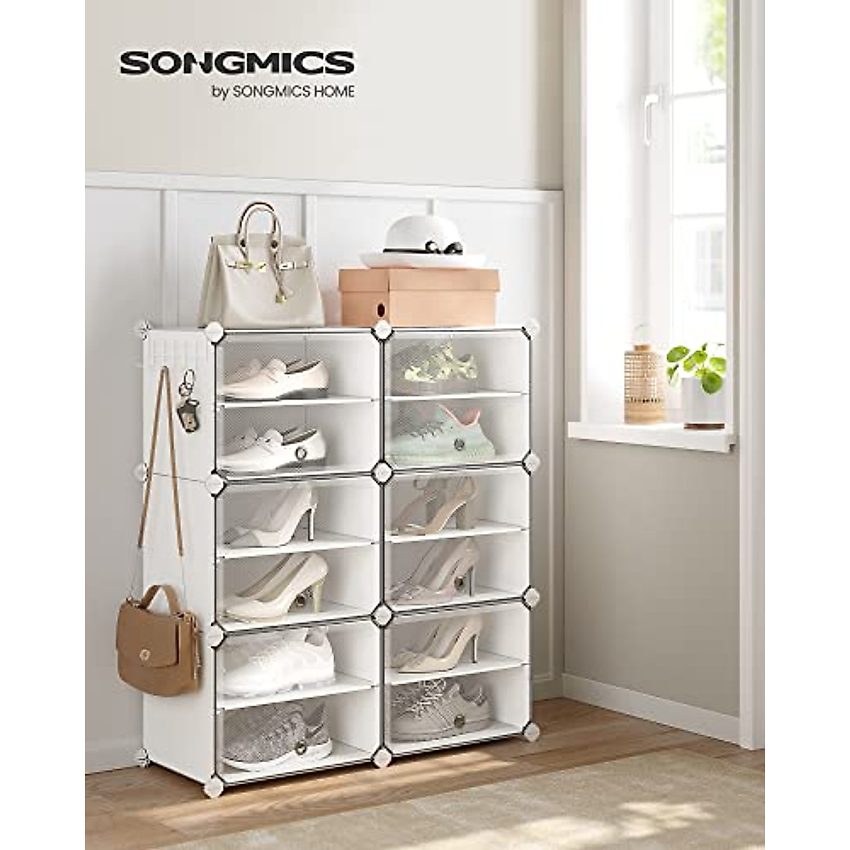 SONGMICS Interlocking Shoe Rack, Plastic Shoe Storage Cabinet, 6-Slot Modular Storage Organizer Unit, 11.8 x 15.7 x 11.8 Inches for Each Slot, with Doors, Steel Frame, Plastic Panel, White ULPC033W01