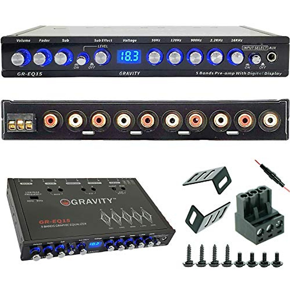 Gravity EQ15 1/2 Din Five Equalization Bands Car Audio Equalizer EQ Front, Rear +Master Volume Control with up to 9 Volts RMS of Output/Three Stereo RCA Output