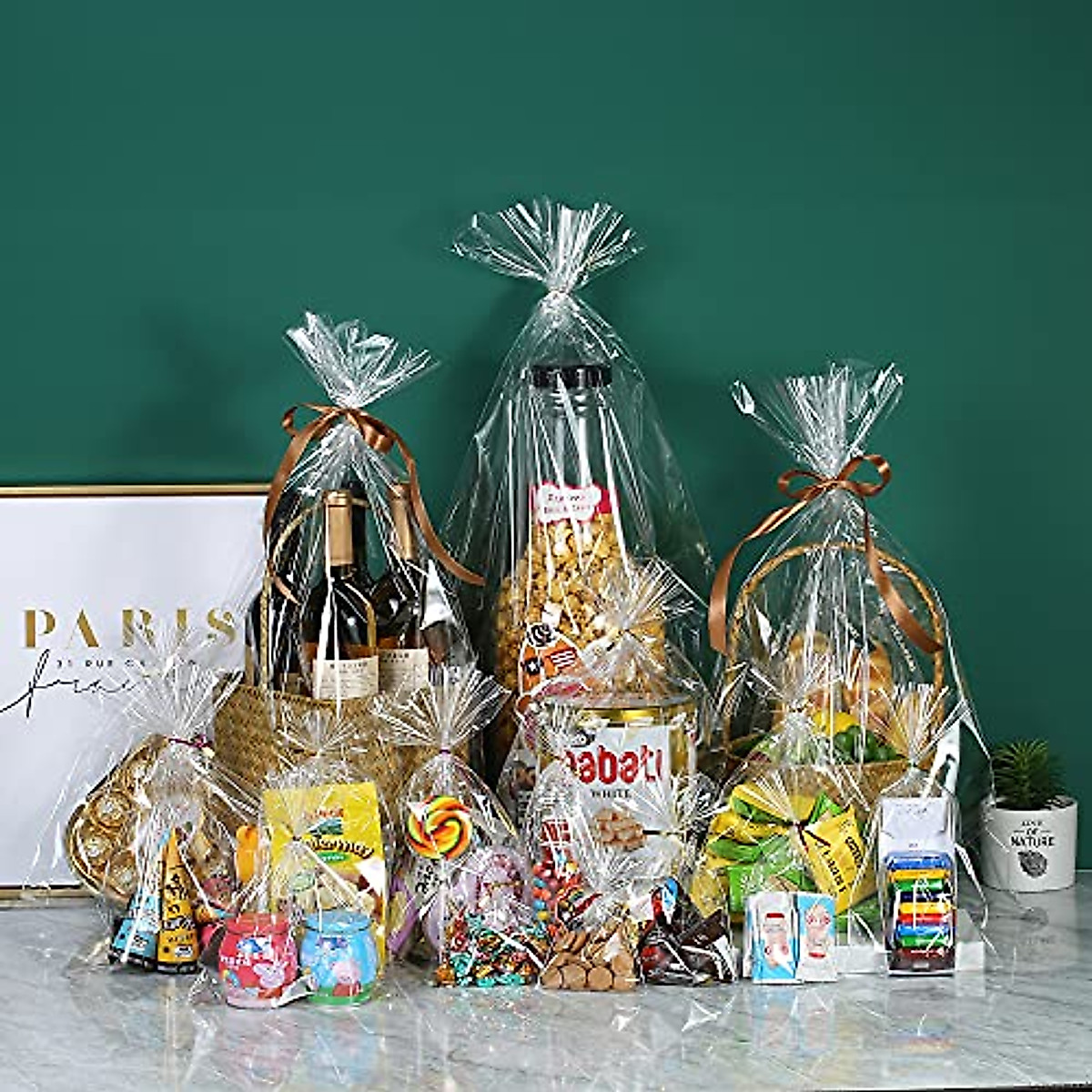 Macoota 200 Pcs 3" x 5" Small Clear Thick Cello Treat Bags Flat Cellophane Bags With 6 Colors Twist Ties Packaging Wrapping Cookies Candies Popcorn Gift Cellophane Bags