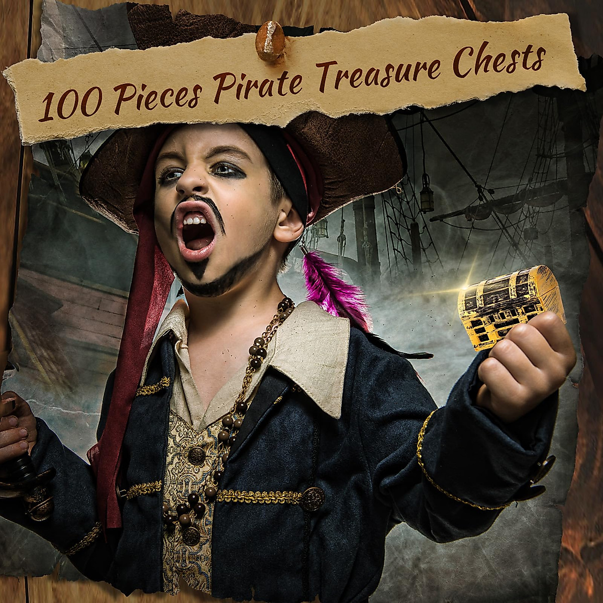 100 Pcs Pirate Treasure Chests 2.3 Inch Cute Little Plastic Treasure Chests with a Gold Finish Vintage Pirate Jewelry Box Games Set for Treasure Hunt Birthday Halloween Party Children School Carnival