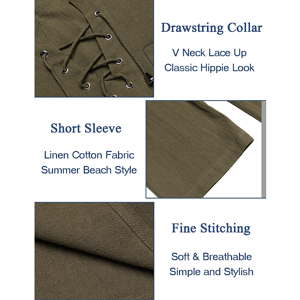 COOFANDY Men Cotton Linen Shirts Lace Up Short Sleeve Beach Shirts Casual Hippie Yoga Renaissance Tunic