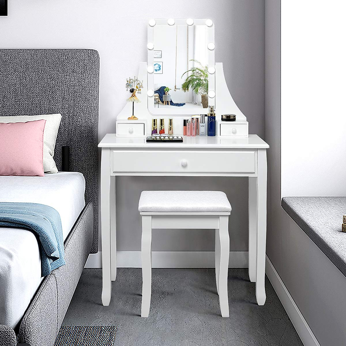 CHARMAID Vanity Set with Lighted Mirror, Makeup Table with 10 LED Dimmable Bulbs, 3 Drawers, 2 Dividers, Modern Bedroom Dressing Table Vanity Desk with Stool for Women Girls (White)