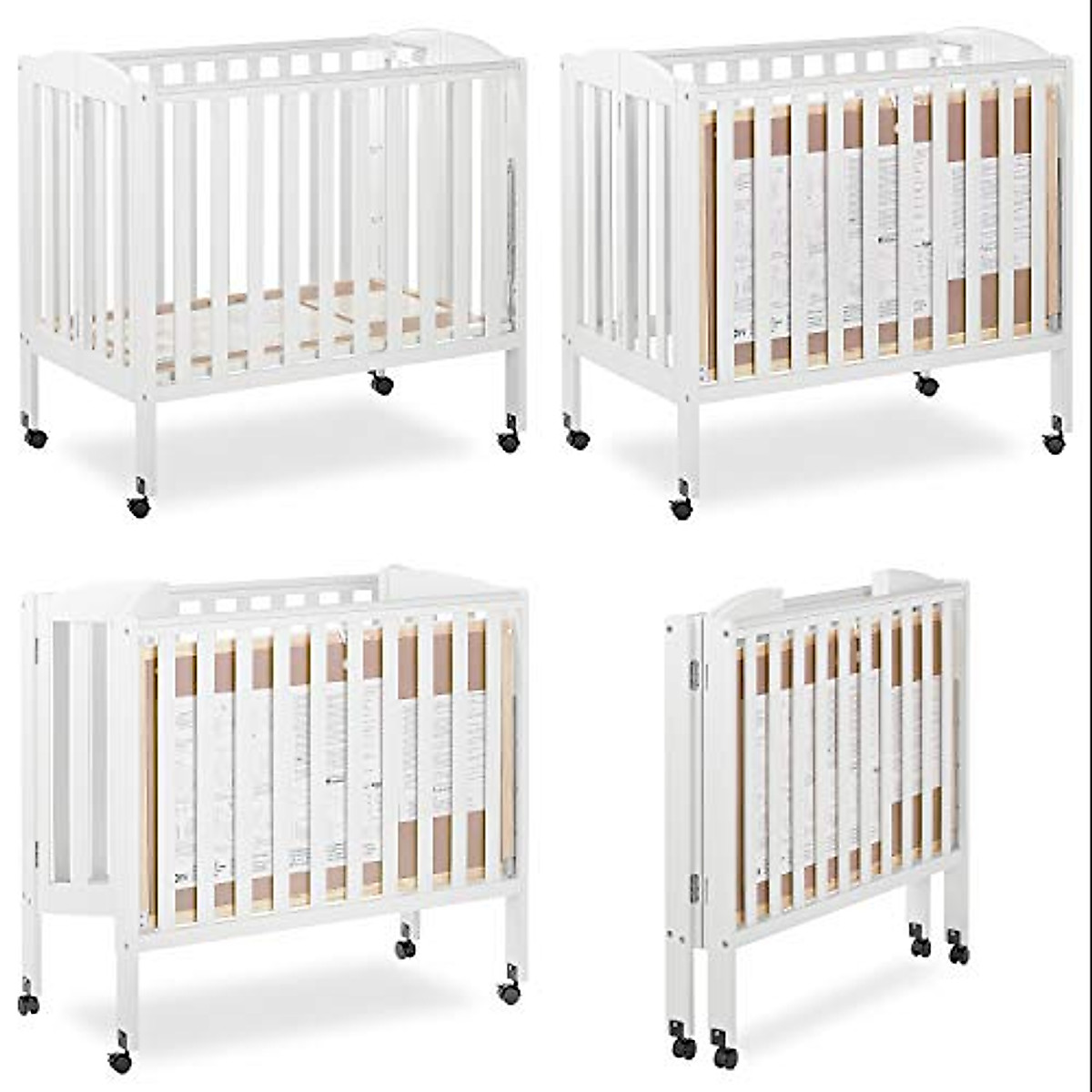 Dream On Me 3 in 1 Portable Folding Stationary Side Crib in White, Greenguard Gold Certified, Safety Wheel with Locking Casters, Convertible, 3 Mattress Heights